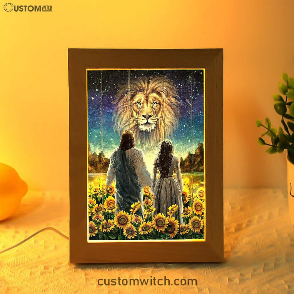 Beautiful Girl Lion Walking With Jesus Sunflower Field Frame Lamp Art – Customwitch