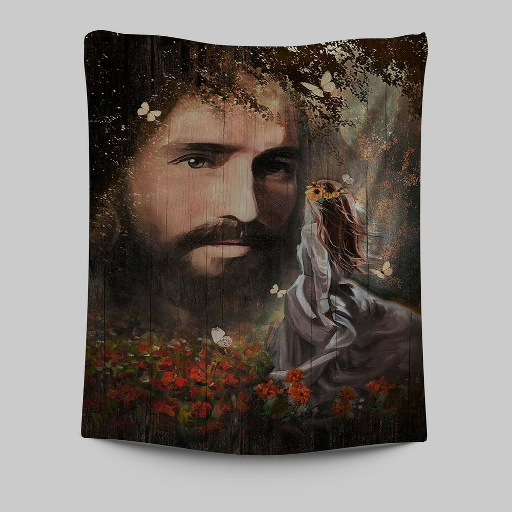 Face Of Jesus Pretty Girl Red Flower Garden Tapestry Art - Christian A – Customwitch