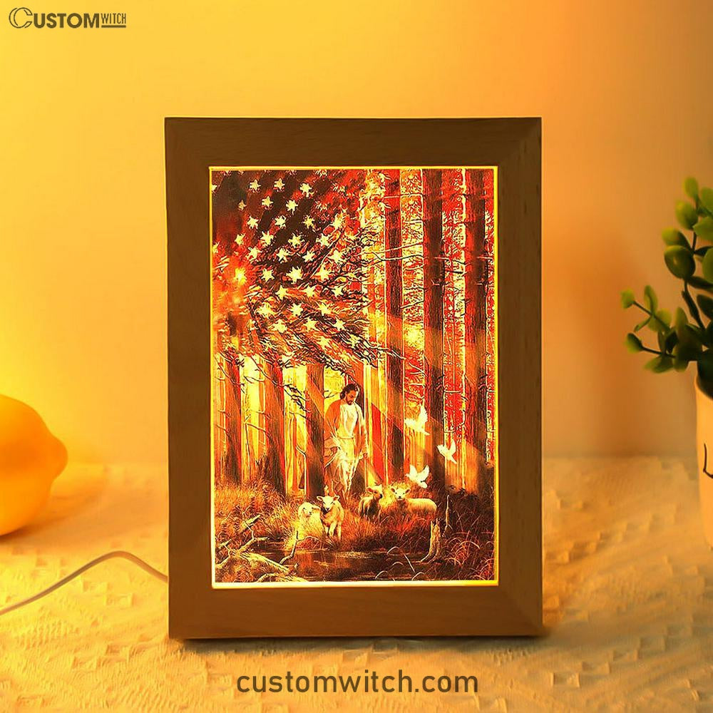 Jesus Walking With The Lambs In Forest Frame Lamp Art - Christian Art – Customwitch