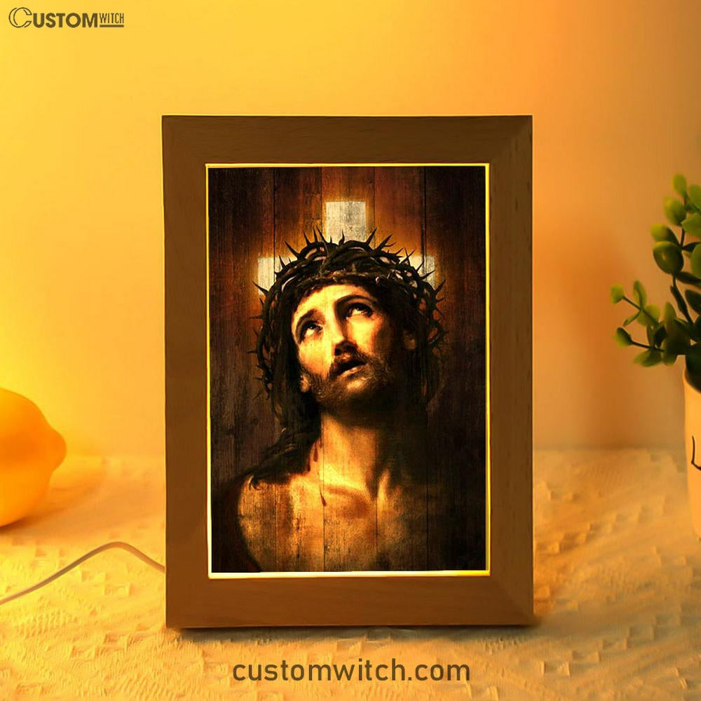 Jesus With Crown Of Thorns White Cross Art Frame Lamp - Jesus Portrait – Customwitch
