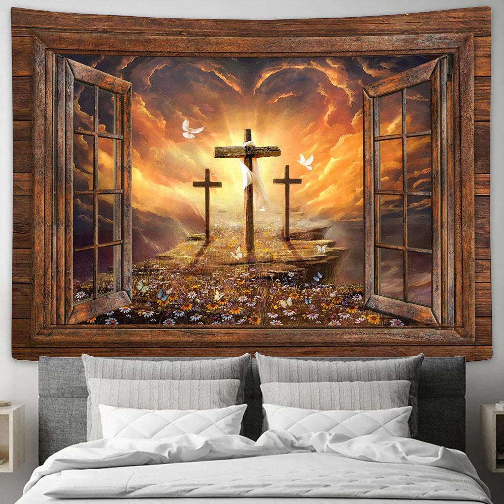 The Three Crosses Path To Heaven Sunset Tapestry Art - Bible Verse Wal – Customwitch
