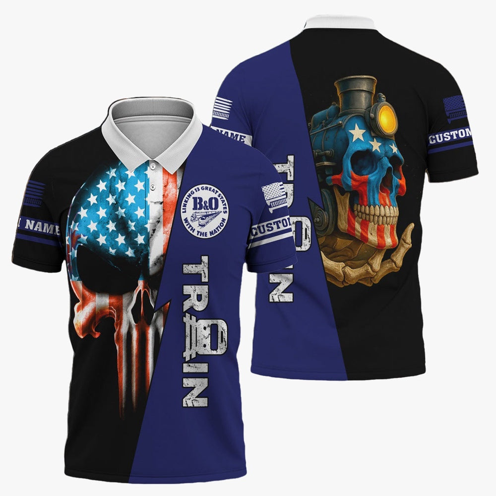 BAndO Great States Railroad Polo Shirt, Train Skull American Flag Polo ...