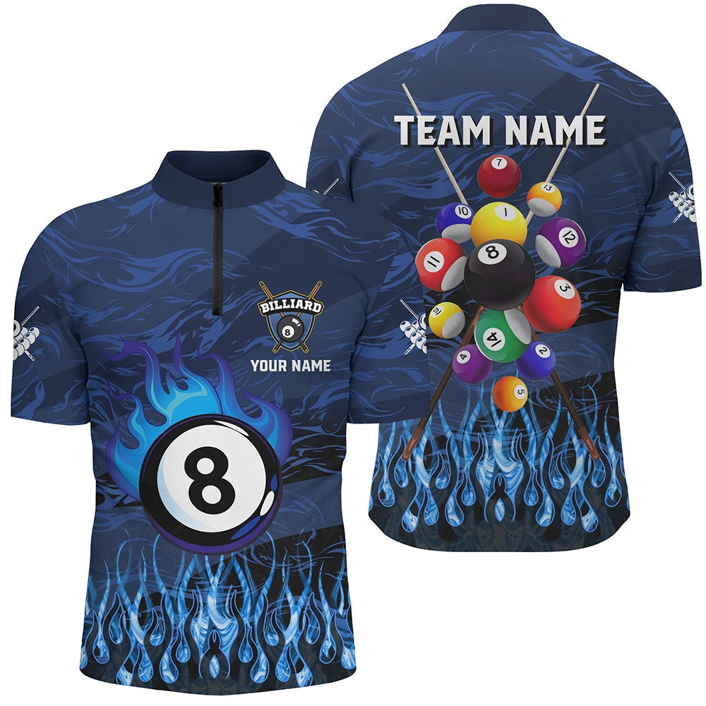 Billiard Polo Shirts, Fire Flame Blue 3D Billiard Balls Polo Shirt Cus ...