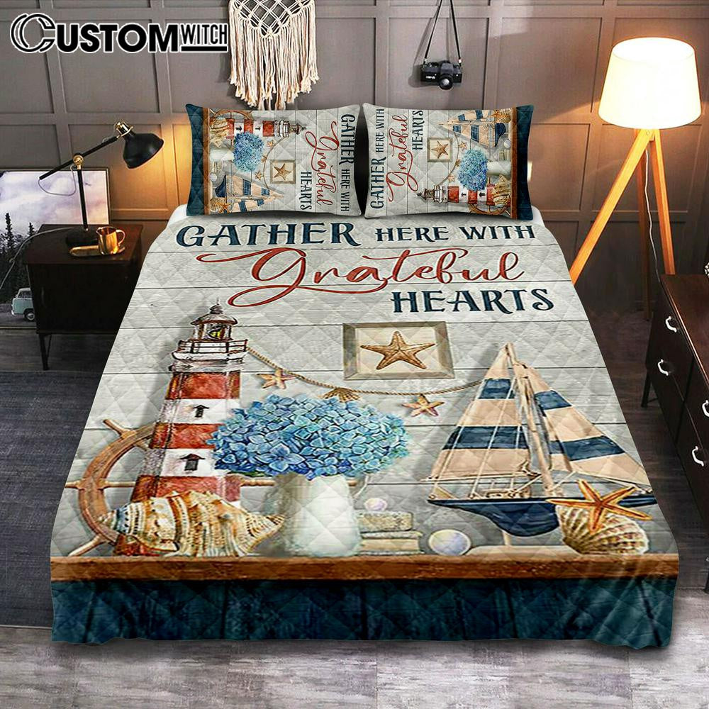 Gather Here With Grateful Hearts Lighthouse Quilt Bedding Set Art - Bi ...
