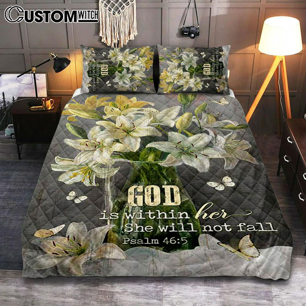 God Is Within Her Lily Flower Quilt Bedding Set Art - Bible Verse Bedr ...