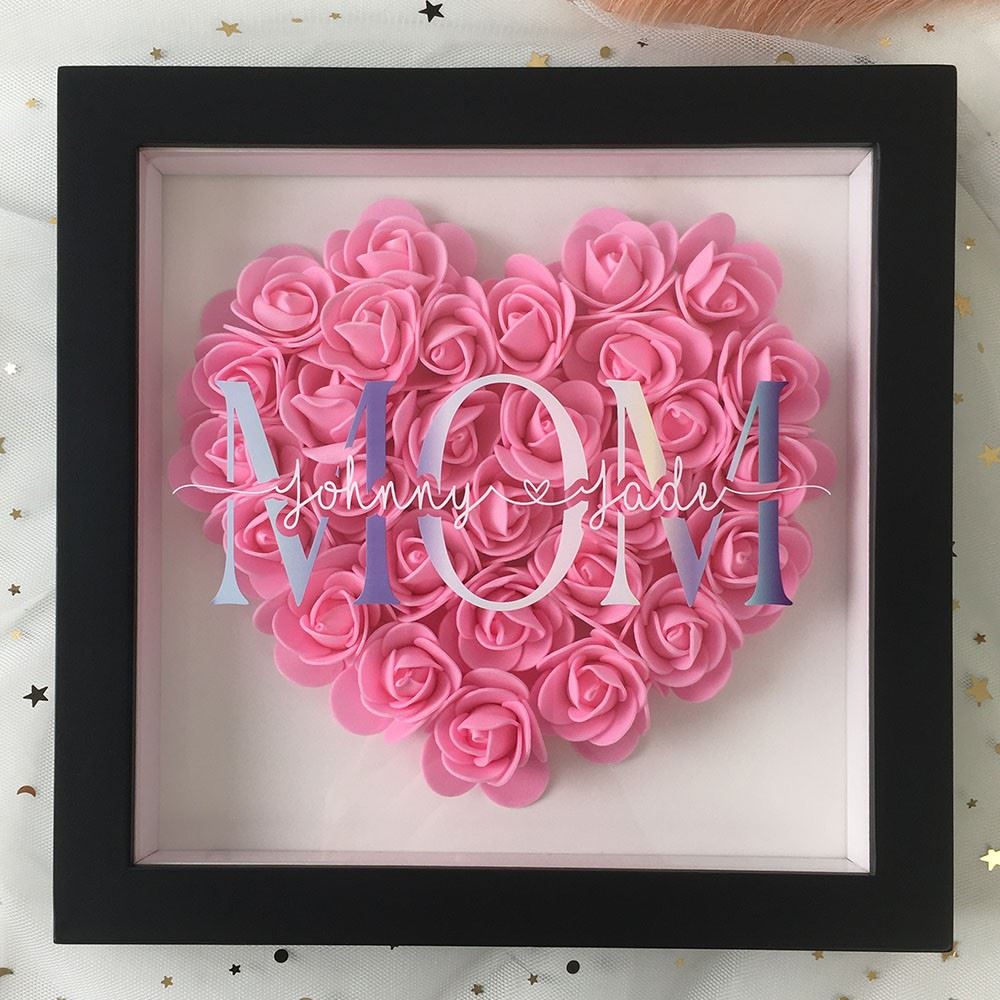 Mother's Day Flower Shadow Box, Personalized Mom Pink Heart Flower Sha ...