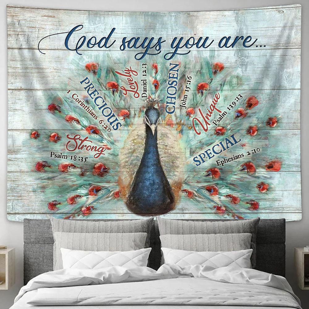 Blue Peacock God Says You Are Wall Art Tapestry - Christian Wall Art ...