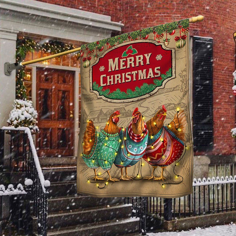 Chicken Christmas Flag Three Hens With Light Vintage Flag, Christmas G ...