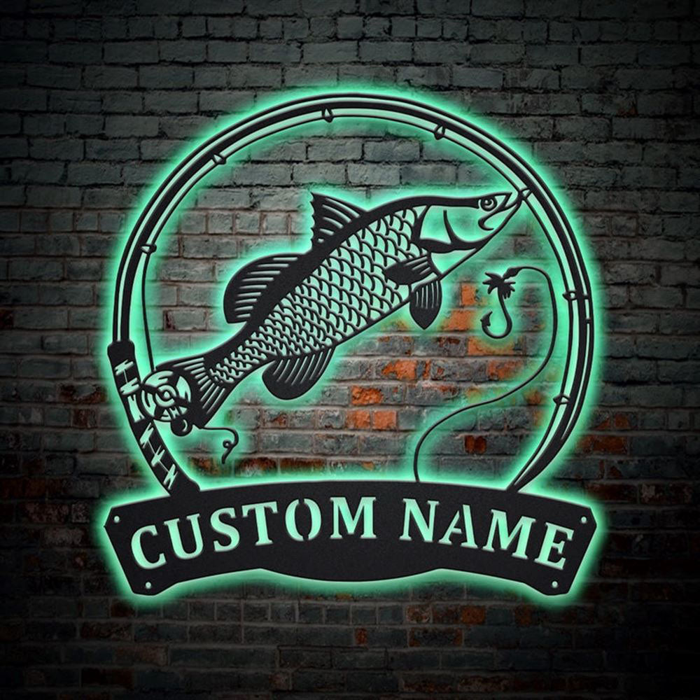 Custom Barramundi Fish Pole Monogram Metal Sign, Led Lights Barramundi ...