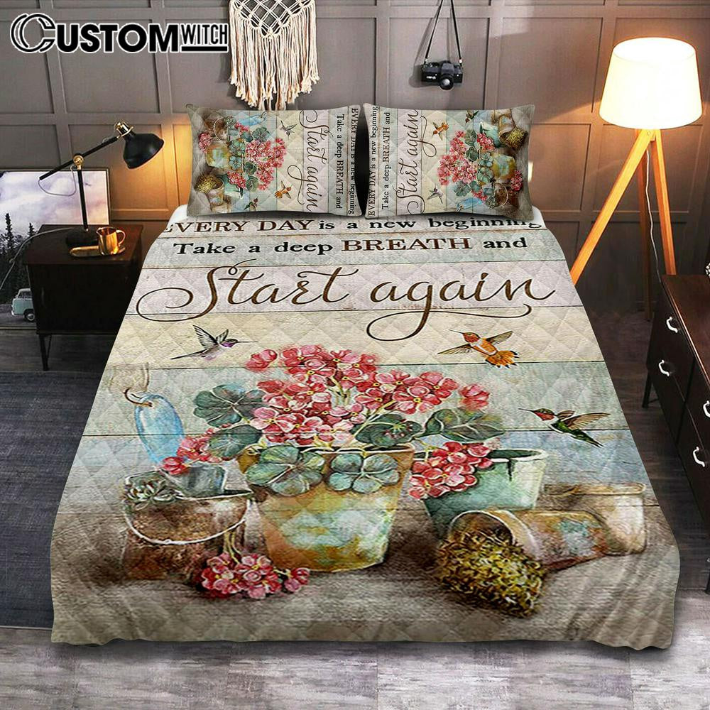 Every Day Is A New Beginning Red Geranium Hummingbird Quilt Bedding Se ...