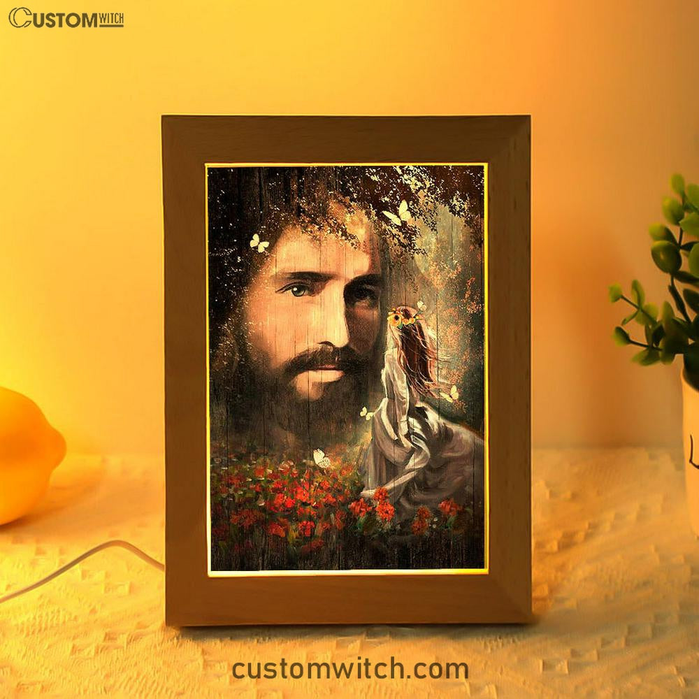 Face Of Jesus Pretty Girl Red Flower Garden Frame Lamp Art - Christian – Customwitch