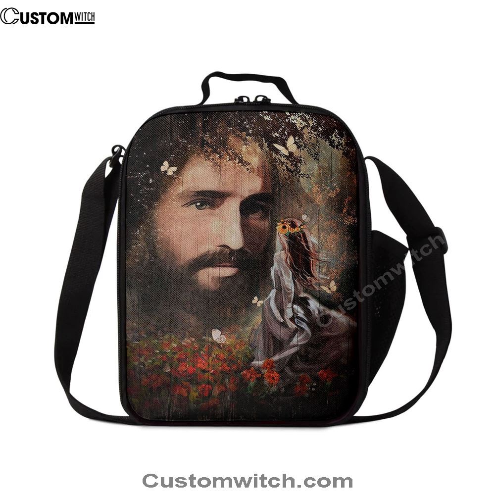 Face Of Jesus Pretty Girl Red Flower Garden Lunch Bag, Christian Lunch ...