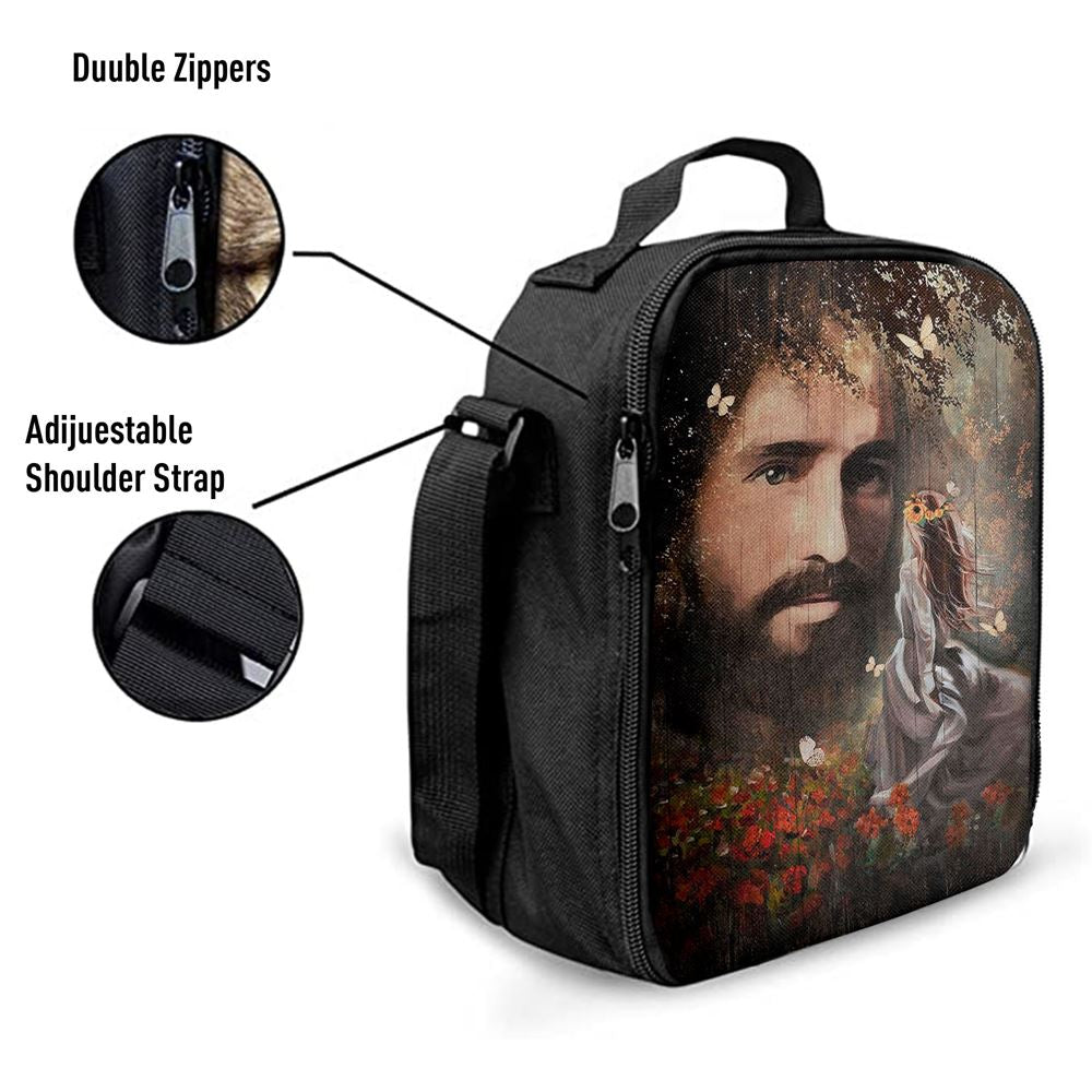 Face Of Jesus Pretty Girl Red Flower Garden Lunch Bag, Christian Lunch – Customwitch