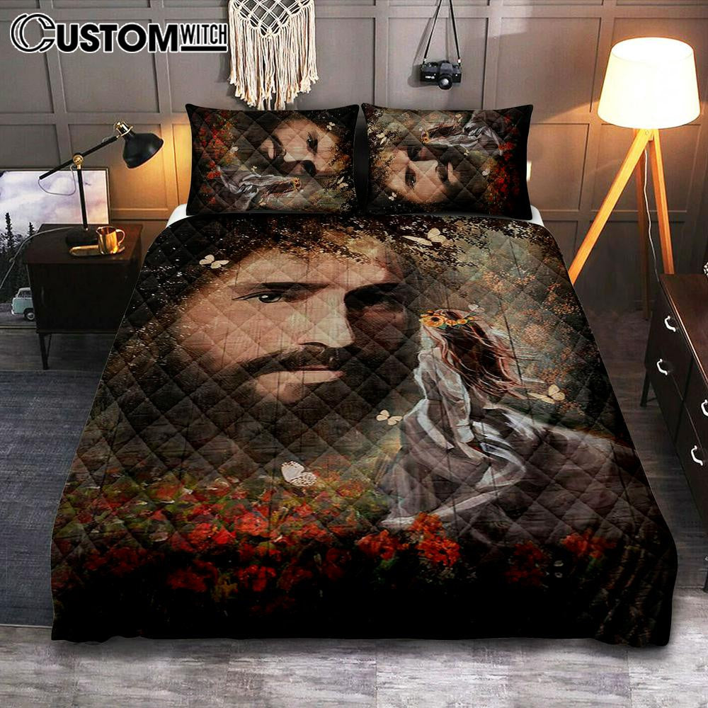 Face Of Jesus Pretty Girl Red Flower Garden Quilt Bedding Set Art - Ch – Customwitch