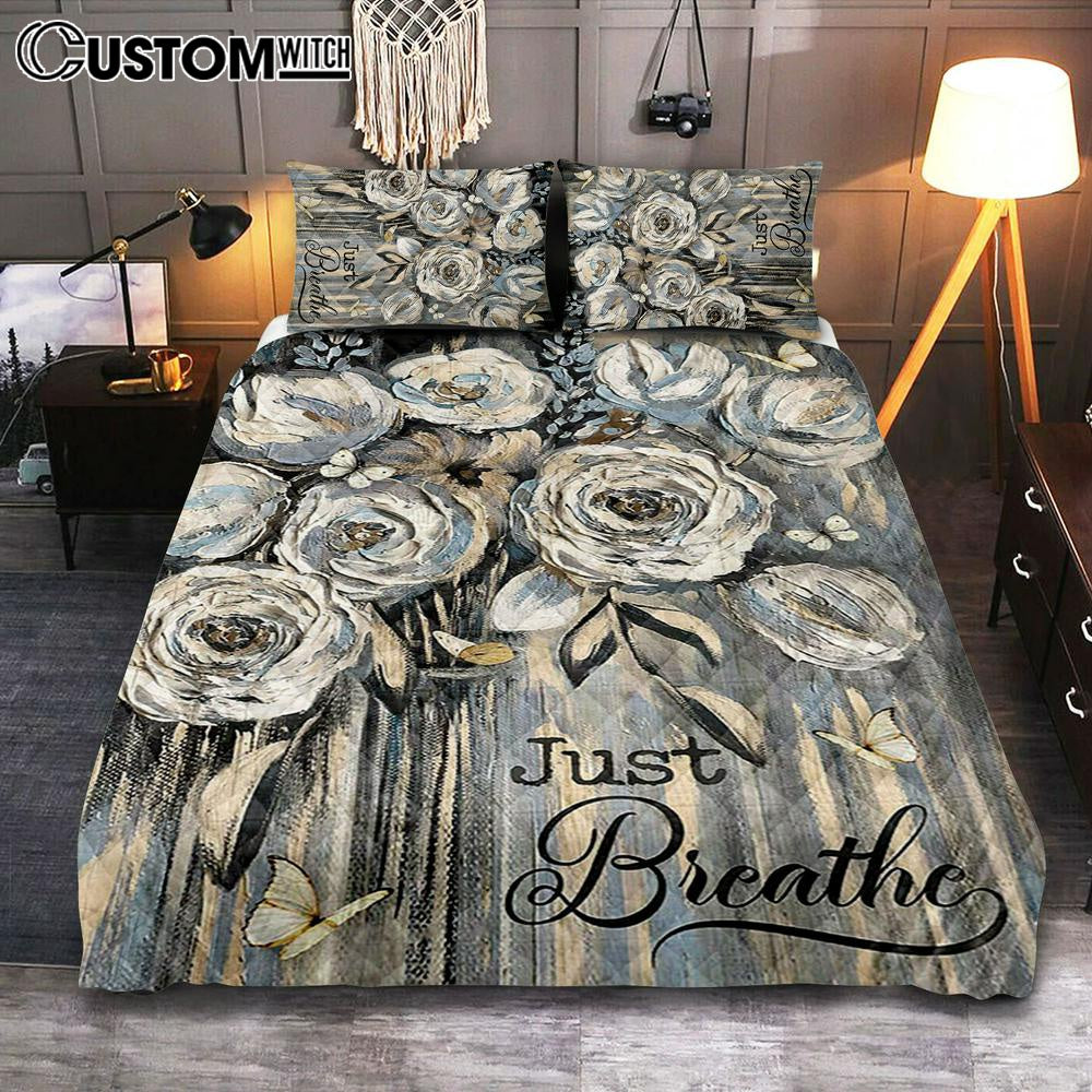 Flower White Rose Pretty Butterfly Just Breathe Quilt Bedding Set Art ...