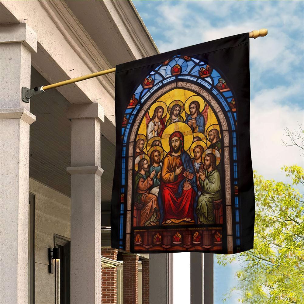 Holy Family Christ And Apostles A Stained Glass Winter Flag, Christian ...