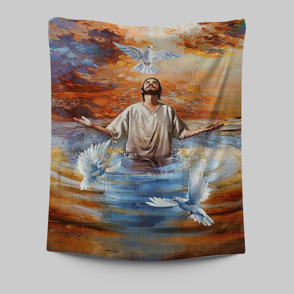 Jesus And Doves Baptism Tapestry Wall Art - Bible Verse Tapestry Art ...