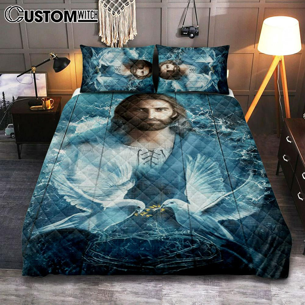 Jesus Bird Couple Blue Water Quilt Bedding Set Prints - Jesus Christ Q ...