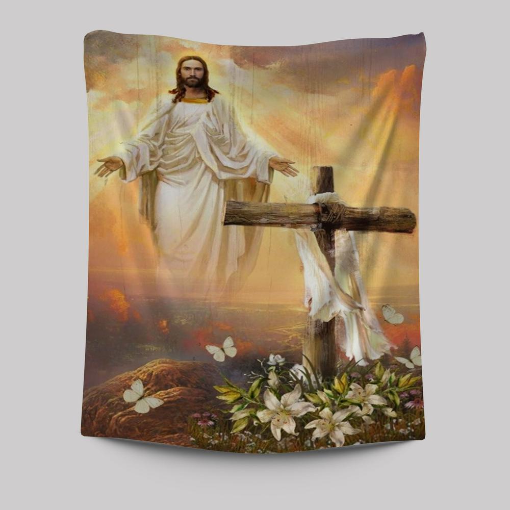 Jesus Drawing, Cross Symbol, Lily Flower, Sunset, In The Sky Tapestry – Customwitch
