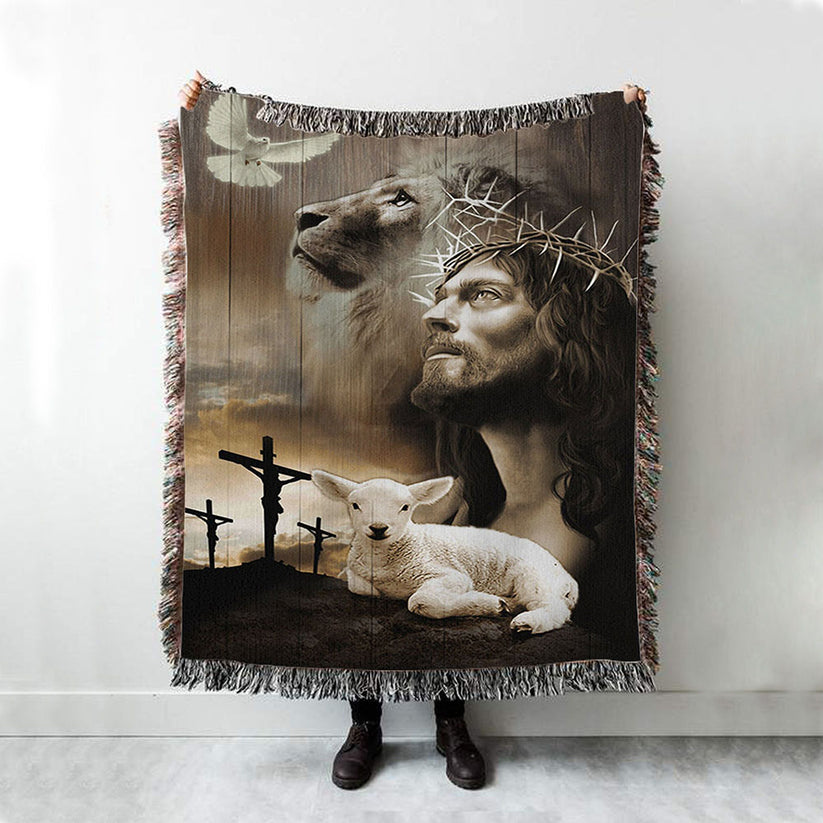Jesus Lion Sheep Cross Dove Woven Blanket Prints - Jesus Christ Woven ...