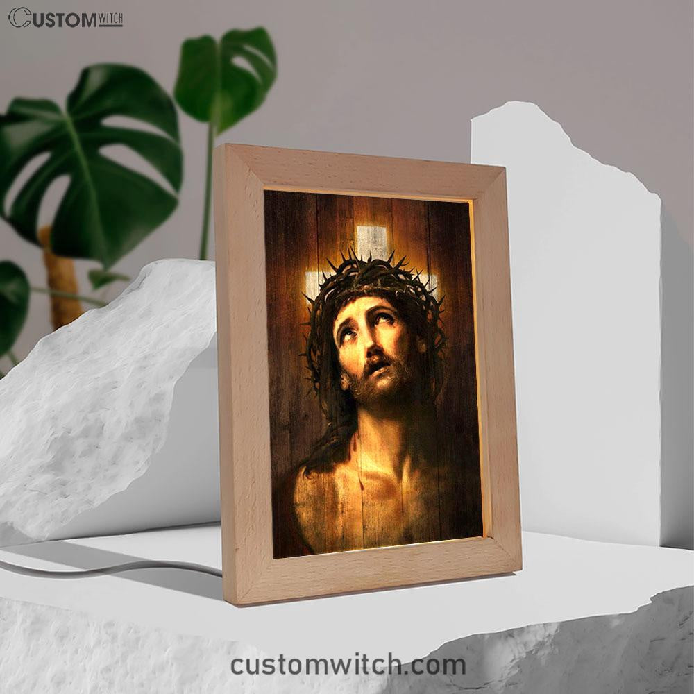 Jesus With Crown Of Thorns White Cross Art Frame Lamp - Jesus Portrait – Customwitch
