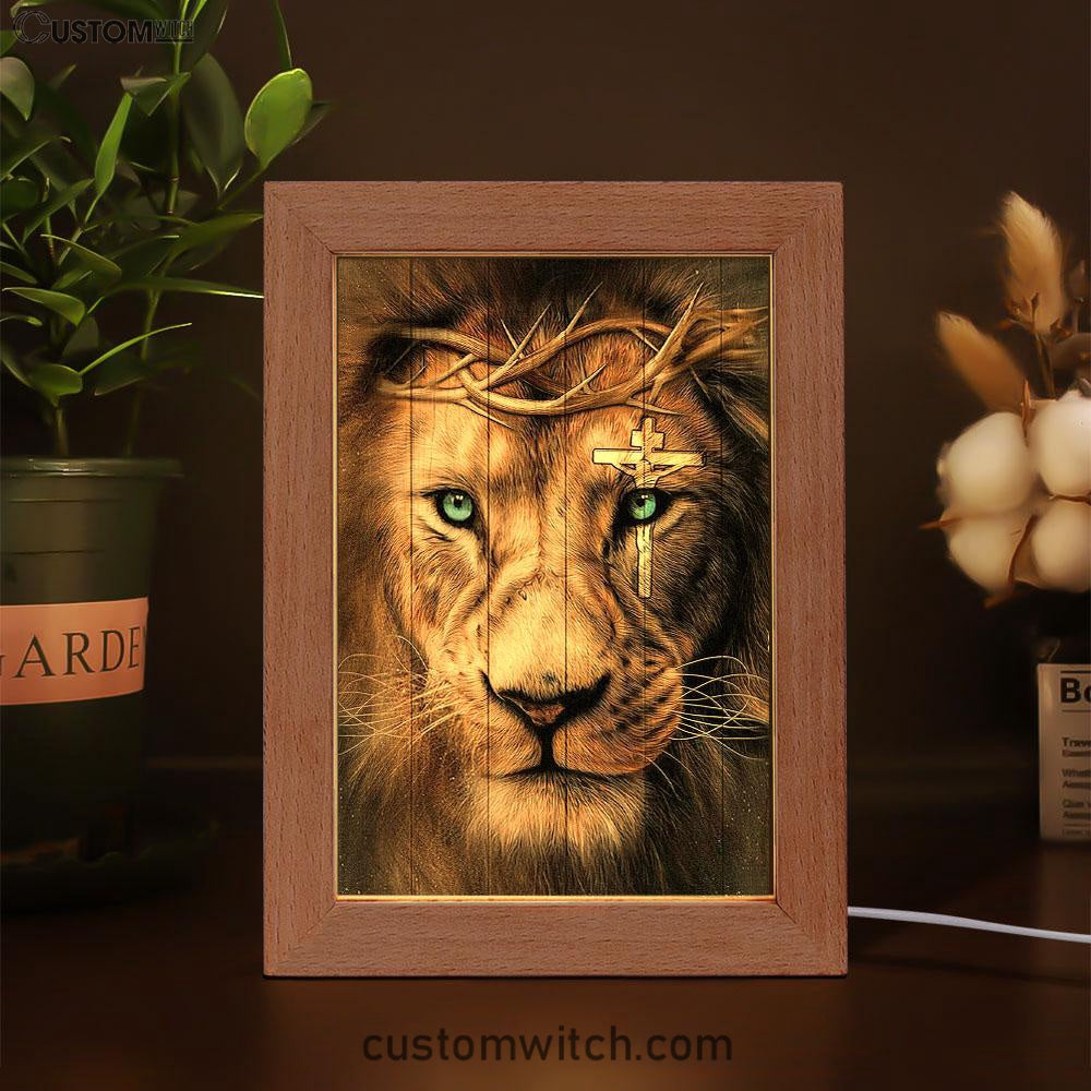 Lion Cross Crown Of Thorns Frame Lamp Art - Christian Art - Bible Vers – Customwitch