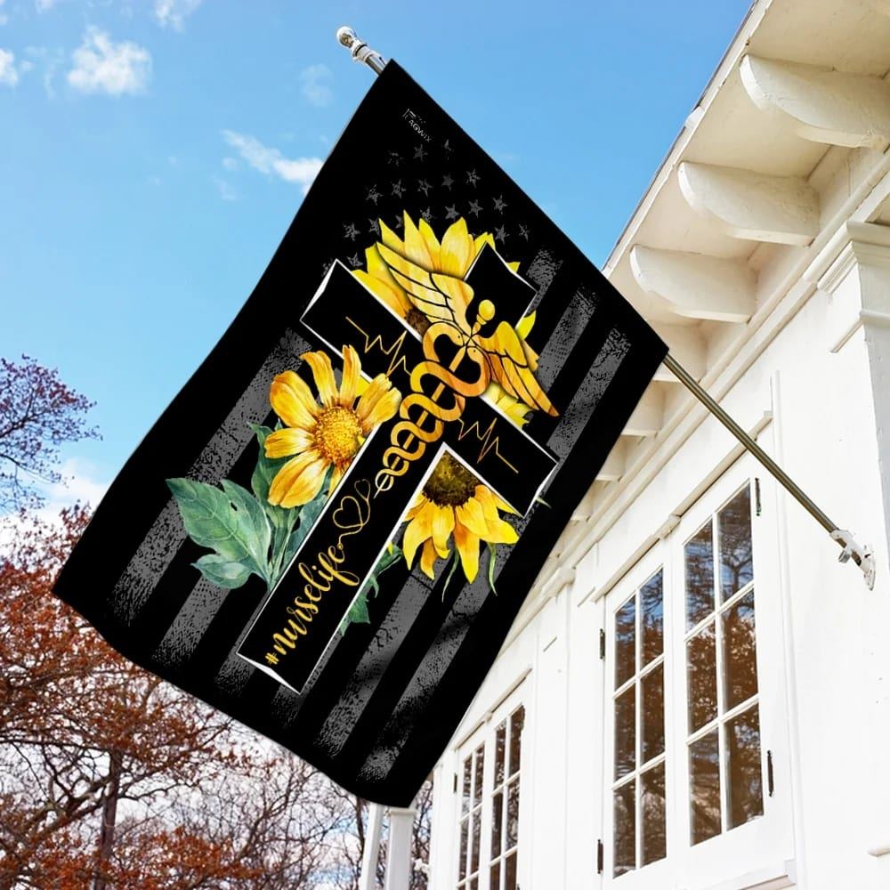 Nurse Life Sunflower Christian Cross House Flag, Outdoor Religious Fla ...