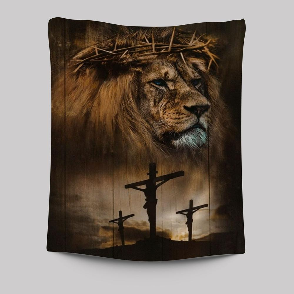 Stunning Lion, Big Crown Of Thorn, Jesus On The Cross Tapestry – Customwitch