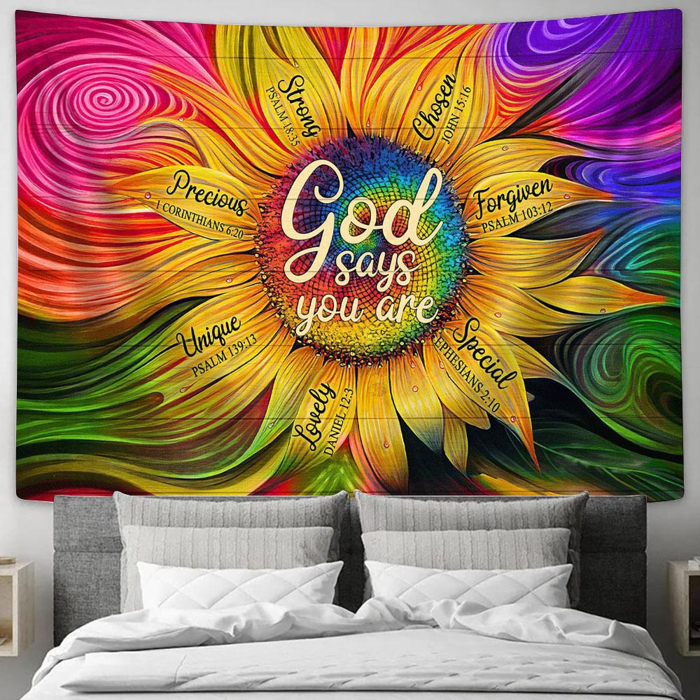 Sunflower God Says You Are Unique Tapestry Art - Bible Verse Wall Art ...
